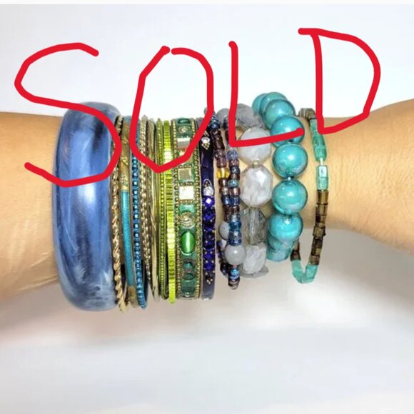 Jewelry | Set Of 14 Y2k Bangle Stretch Beaded Green Blue Retro Indie Mixed Bracelet Set | Poshmark